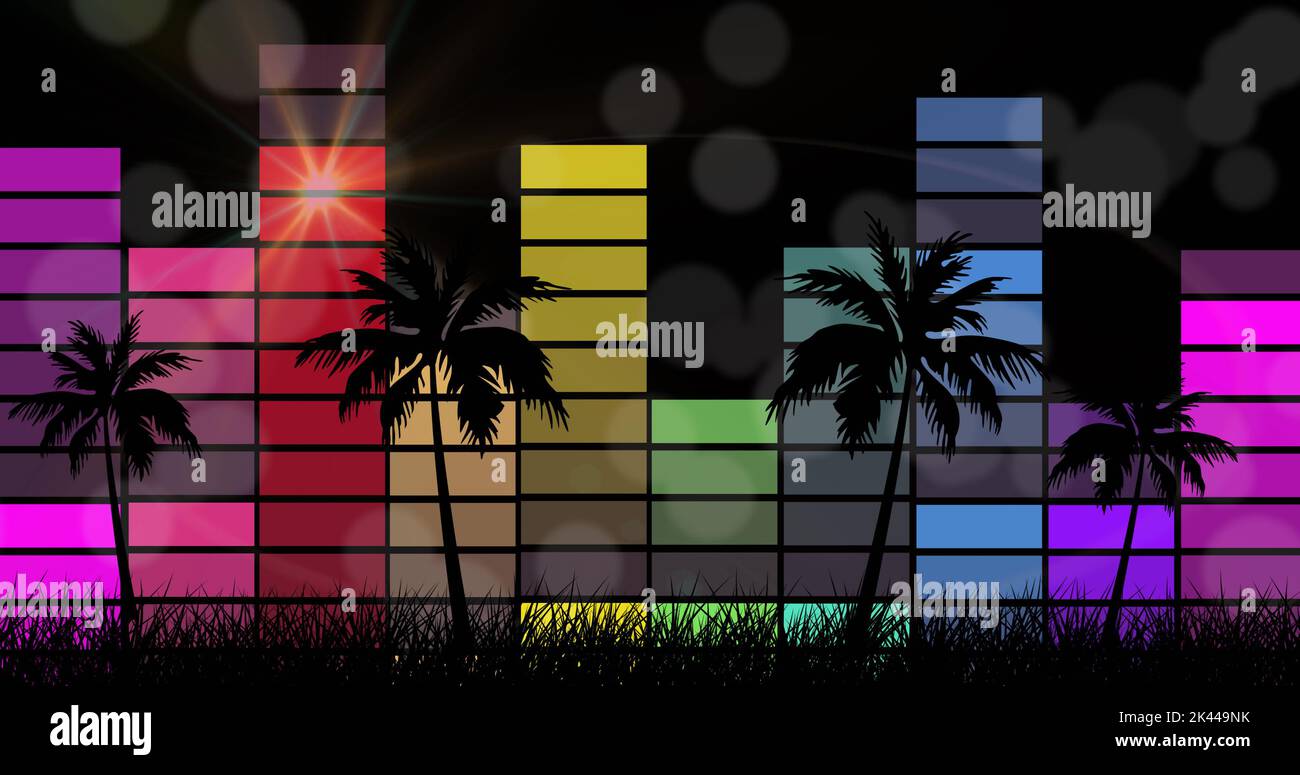 Image of palm tree silhouettes over colourful sound eq level meter on ...