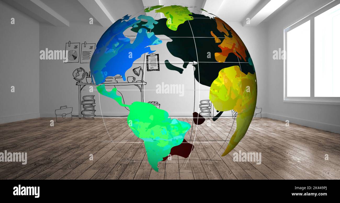 Composition of globe with icons and empty room. Global data processing ...