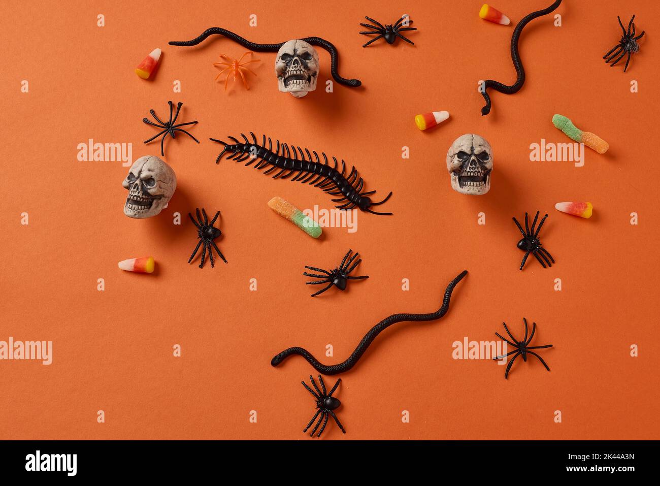 Orange seamless halloweeen background with white skulls, black snakes ...