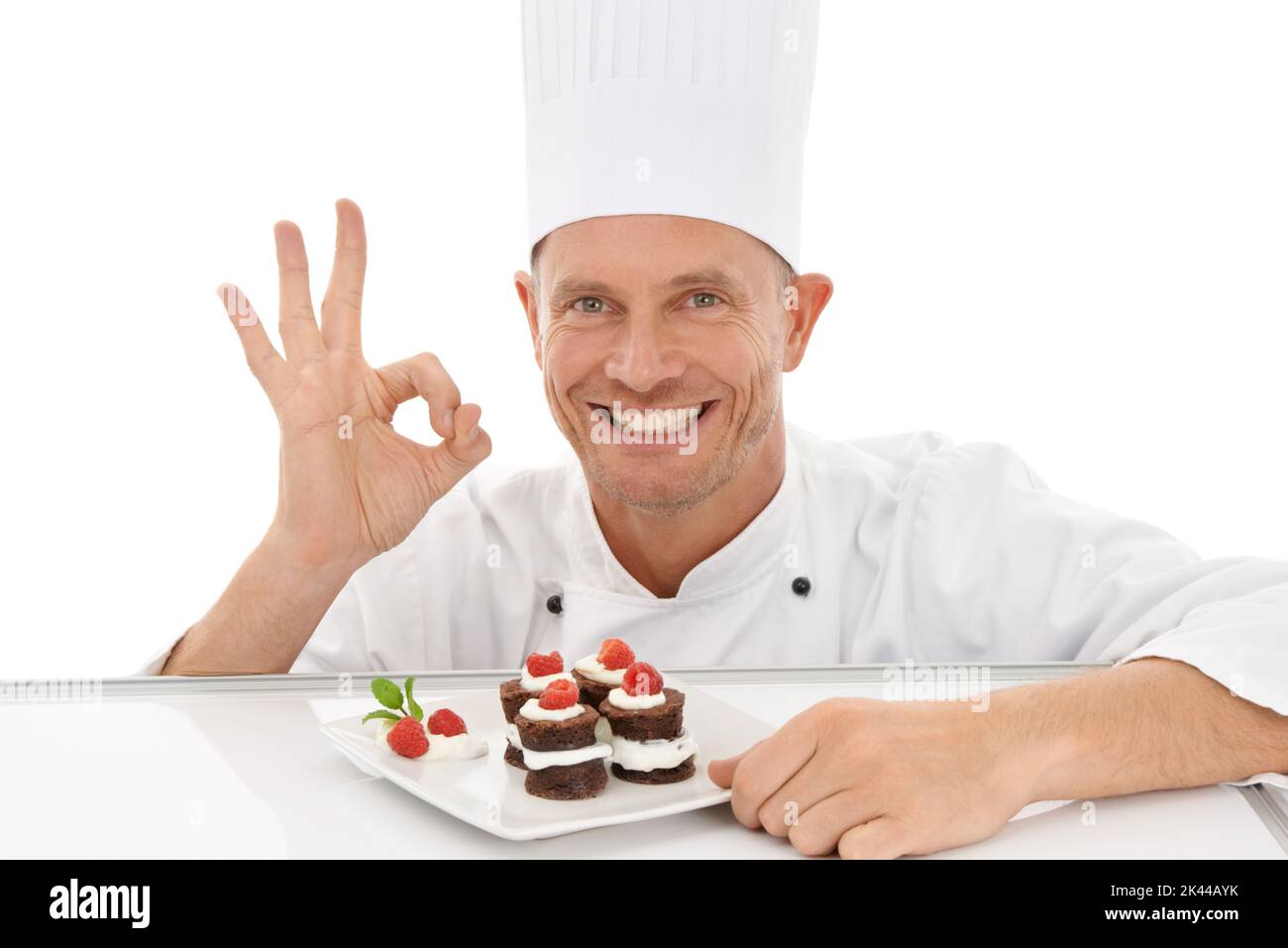 This is my most decadent dessert. Studio portrait of a chef giving the ...