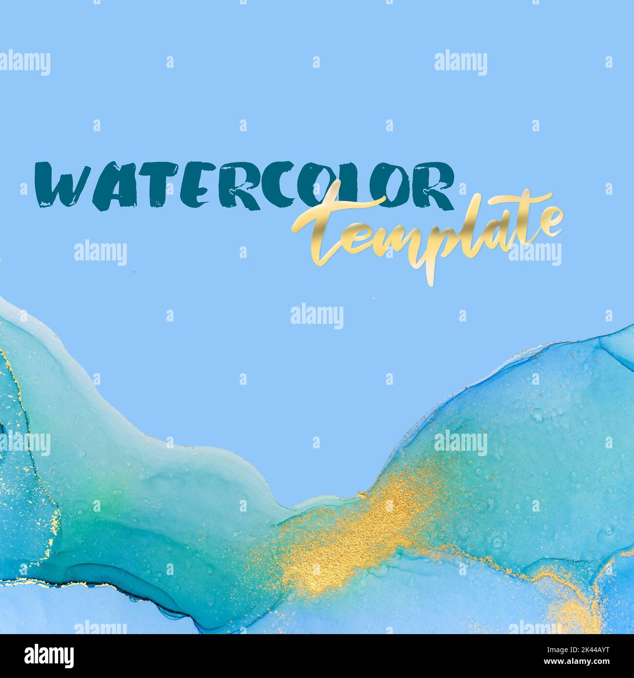 Abstract blue watercolor pattern with drops, blobs and golden parts ...