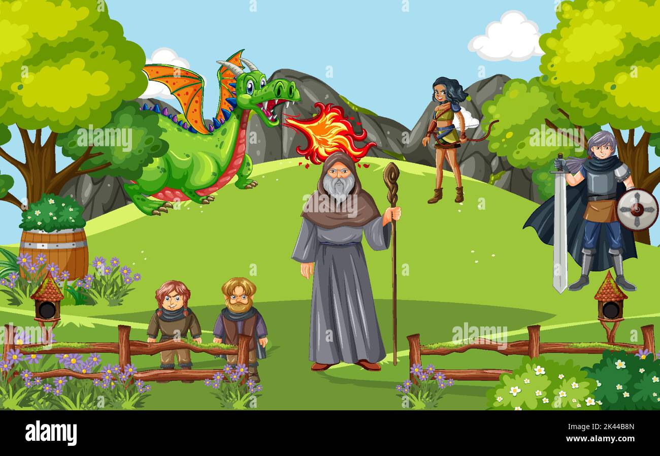 Enchanted scene with medieval cartoon characters illustration Stock ...
