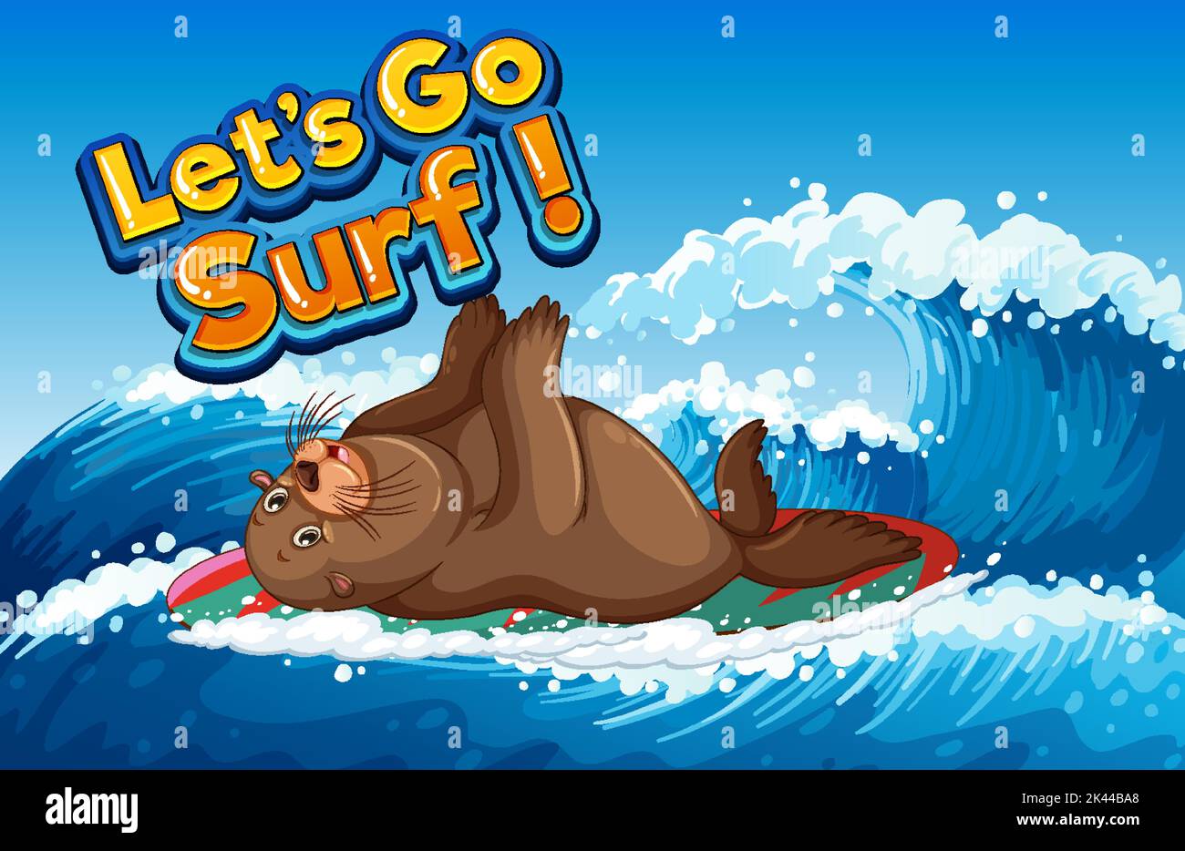 Sea lion on surfboard in the ocean illustration Stock Vector Image ...