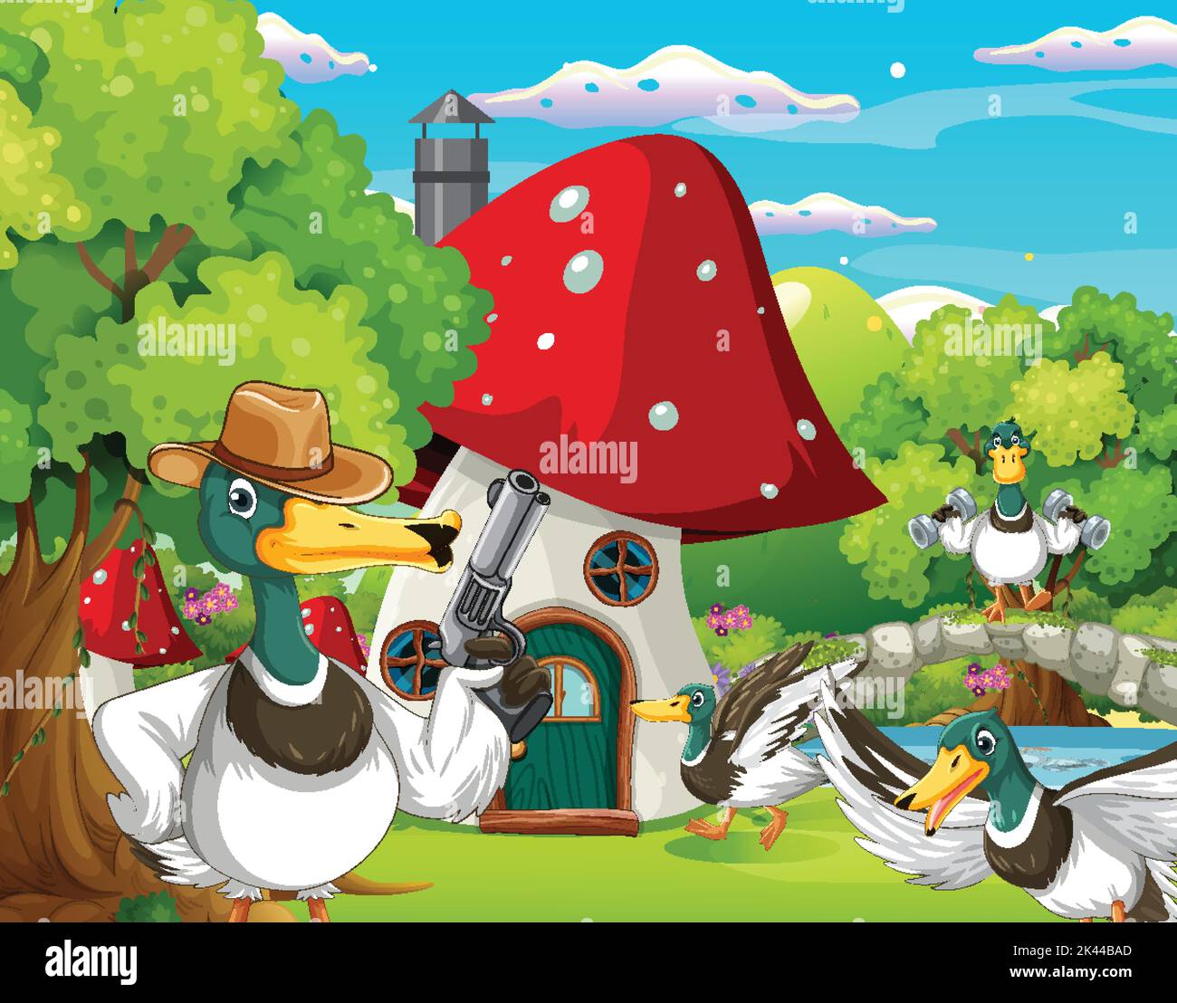 Outdoor scene with cartoon ducks illustration Stock Vector Image & Art ...