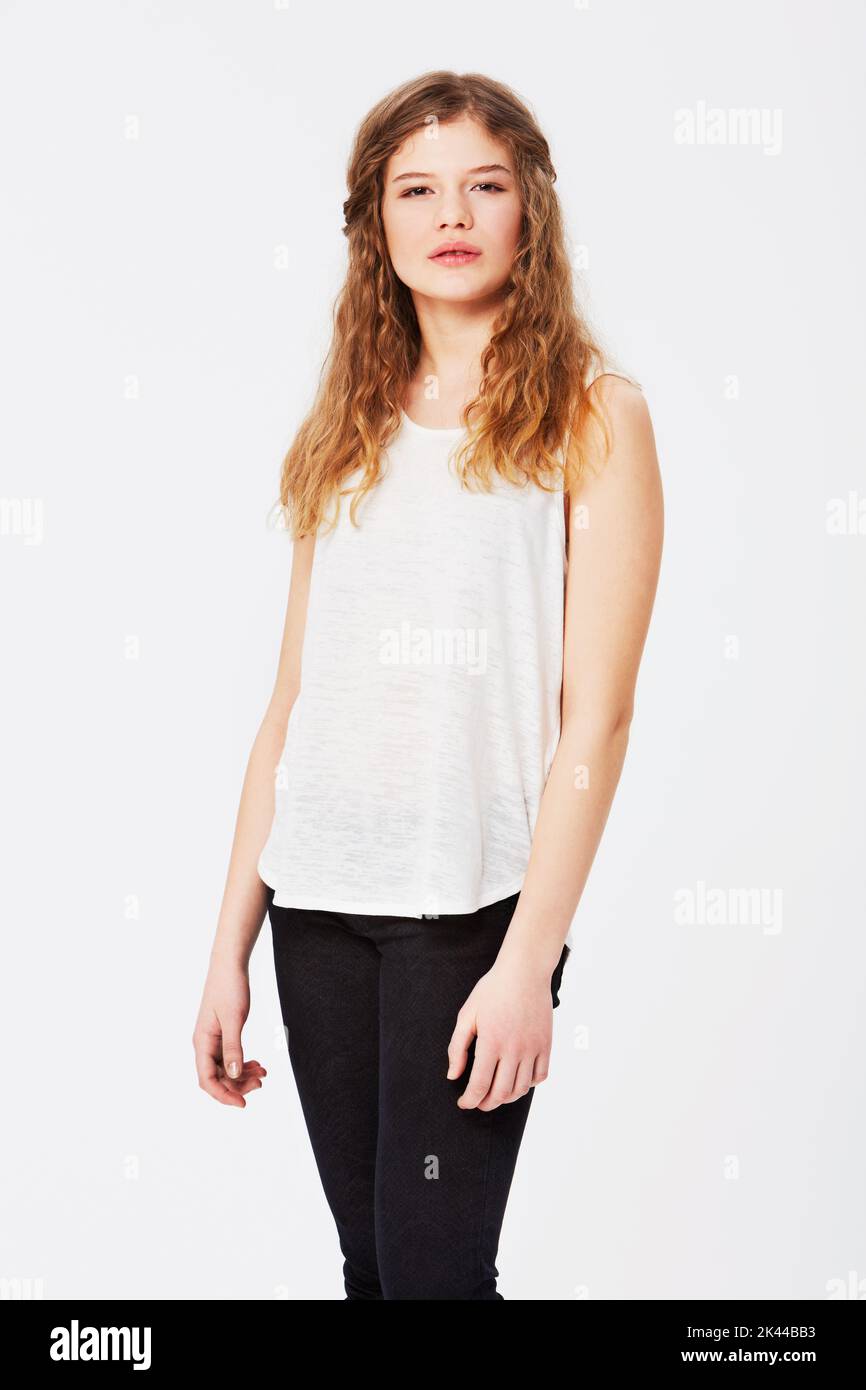 Effortlessly beautiful. Isolated image of a caucasian girl in casual ...