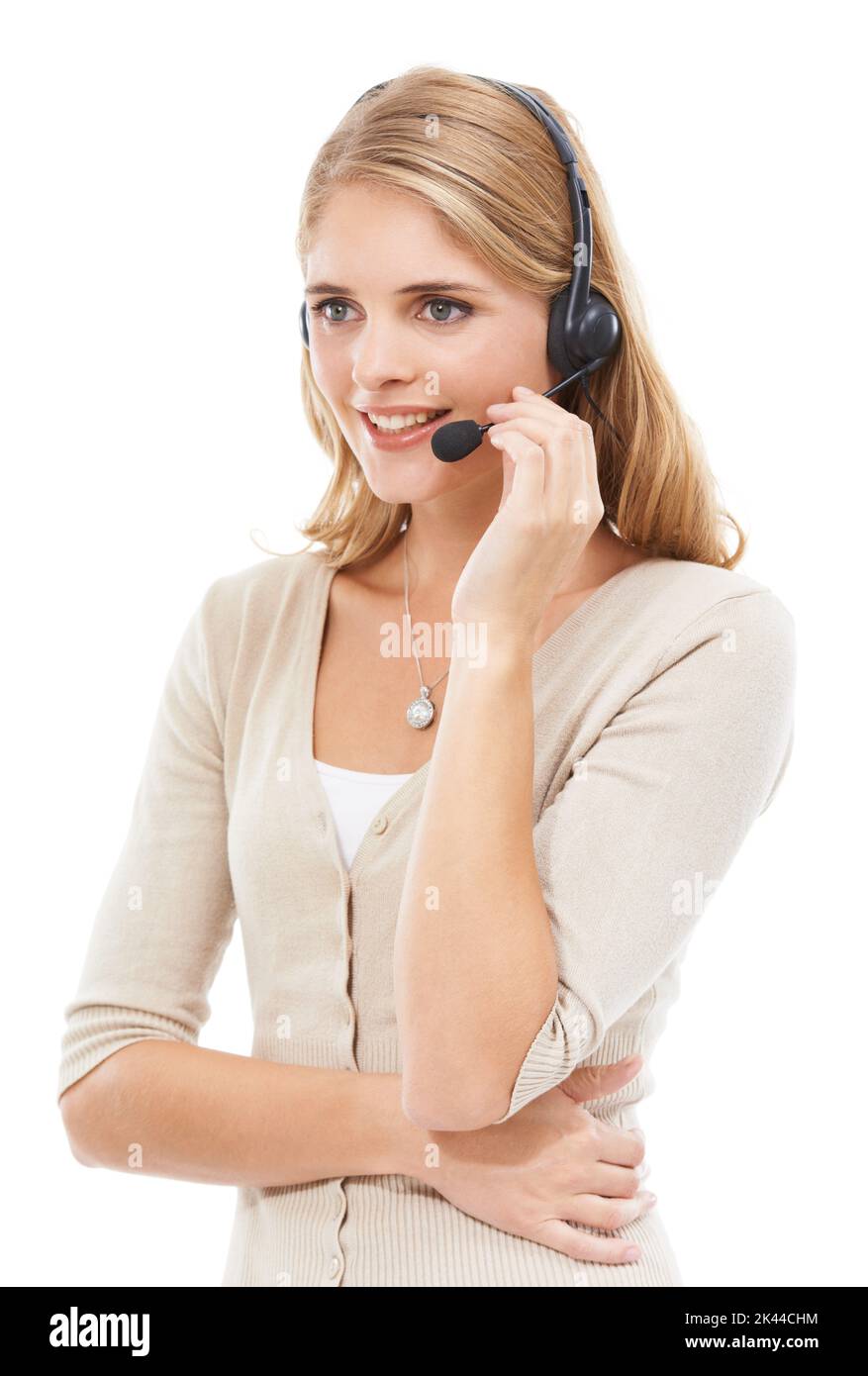 Focused on customer satisfaction. Studio shot of a young woman talking ...
