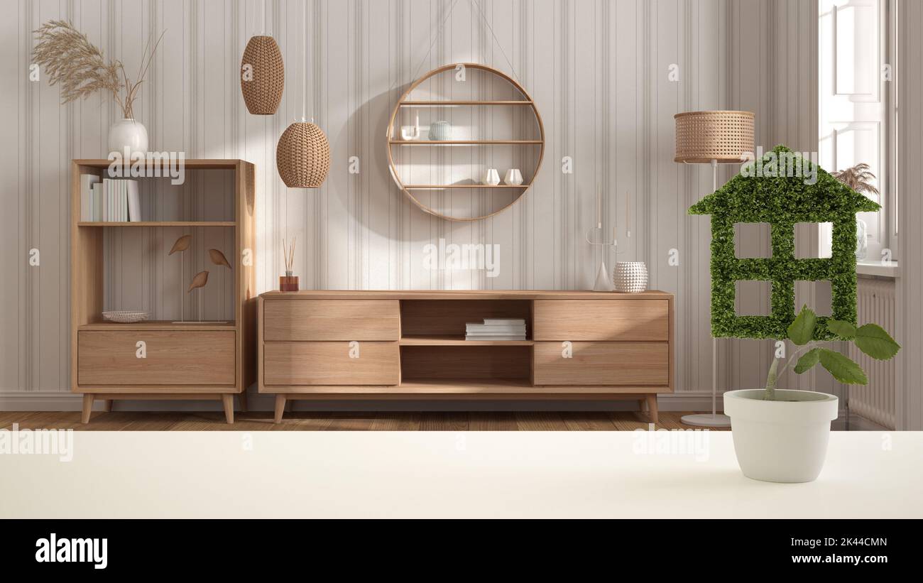 White table top or shelf with green plant in pot shaped like house ...