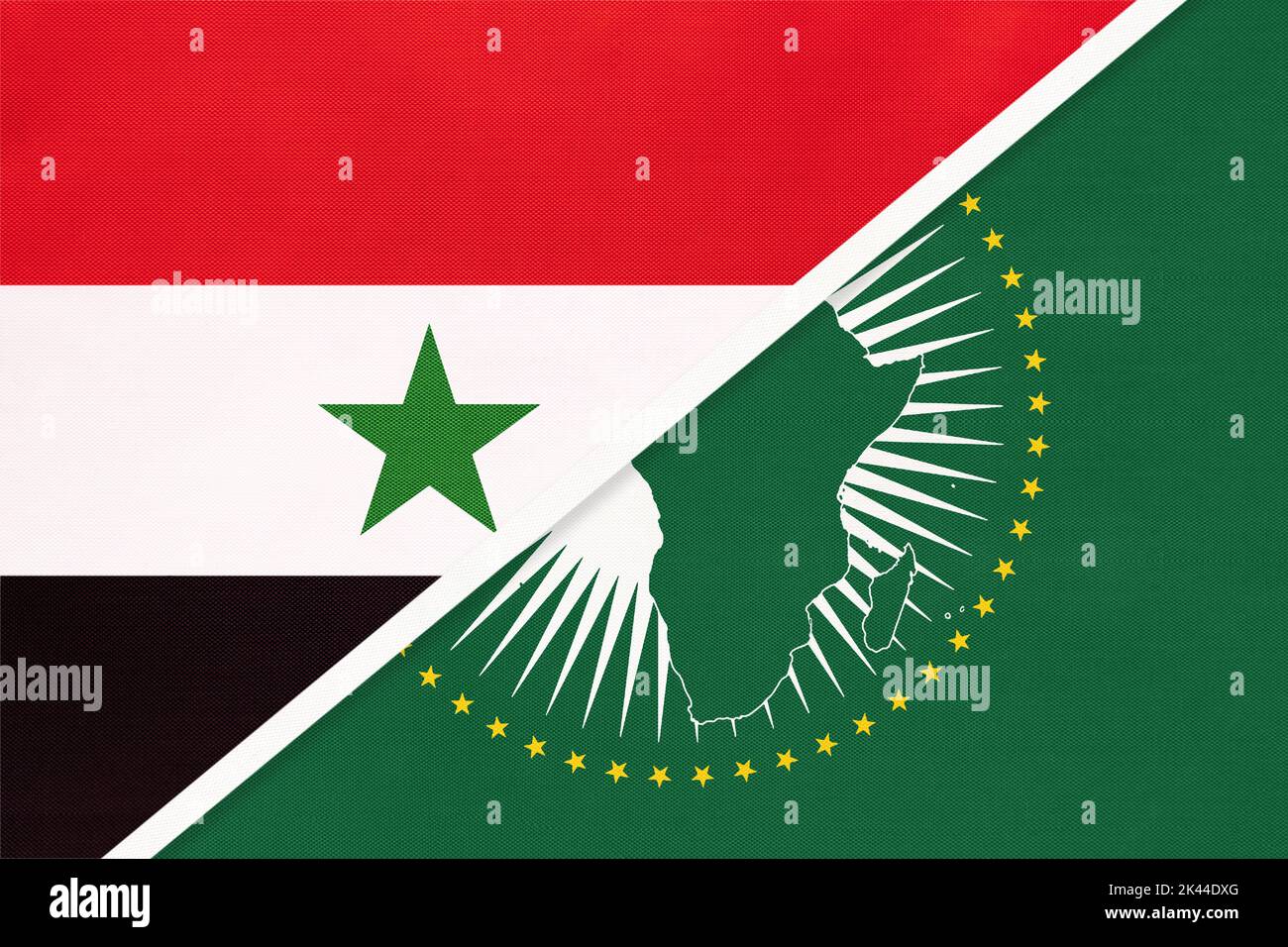 African Union and Syria, national flag from textile. Africa continent ...