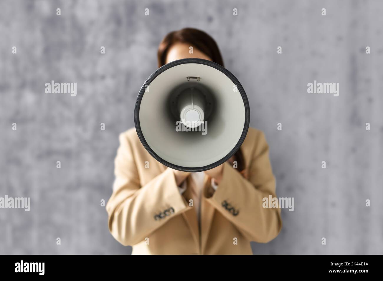 Woman With Megaphone Warning Voice Announcement Concept Stock Photo - Alamy