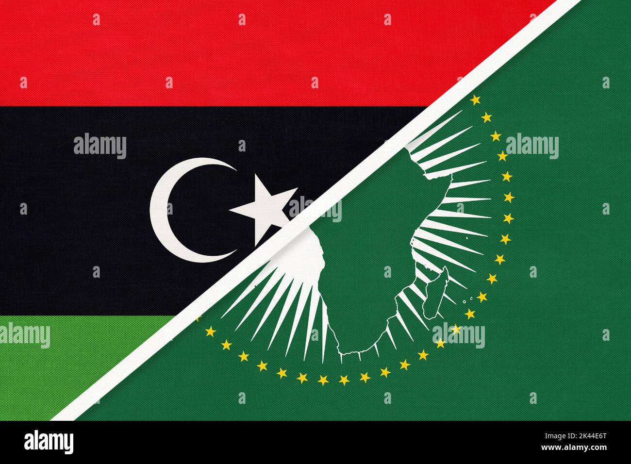 Libya and African Union national flag from textile. Africa continent vs ...
