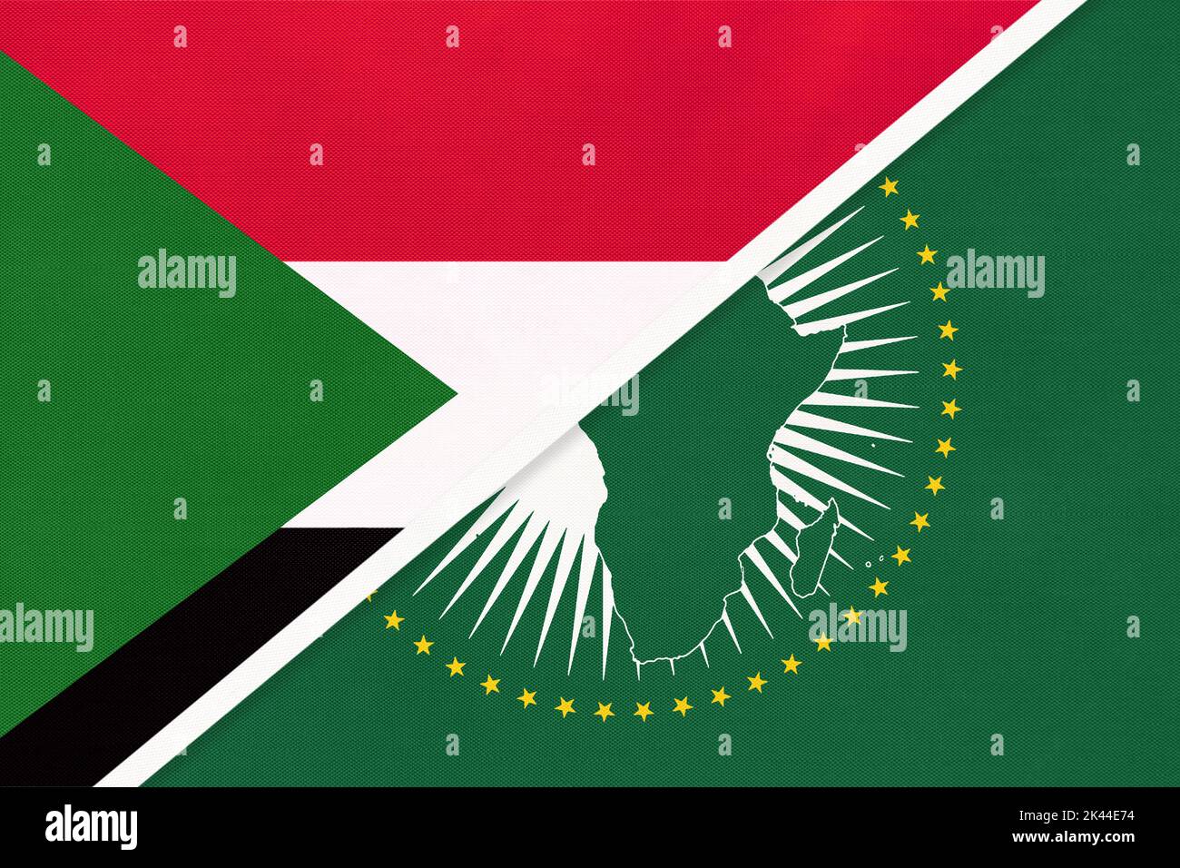 African Union and Sudan, national flag from textile. Africa continent ...