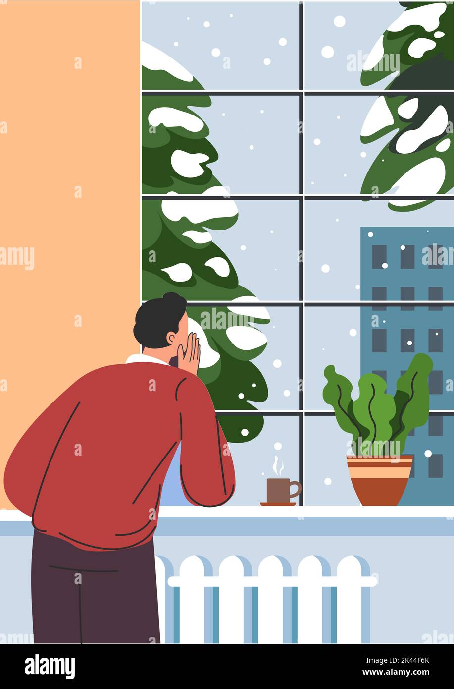 Winter season, man looking out of window vector Stock Vector Image ...