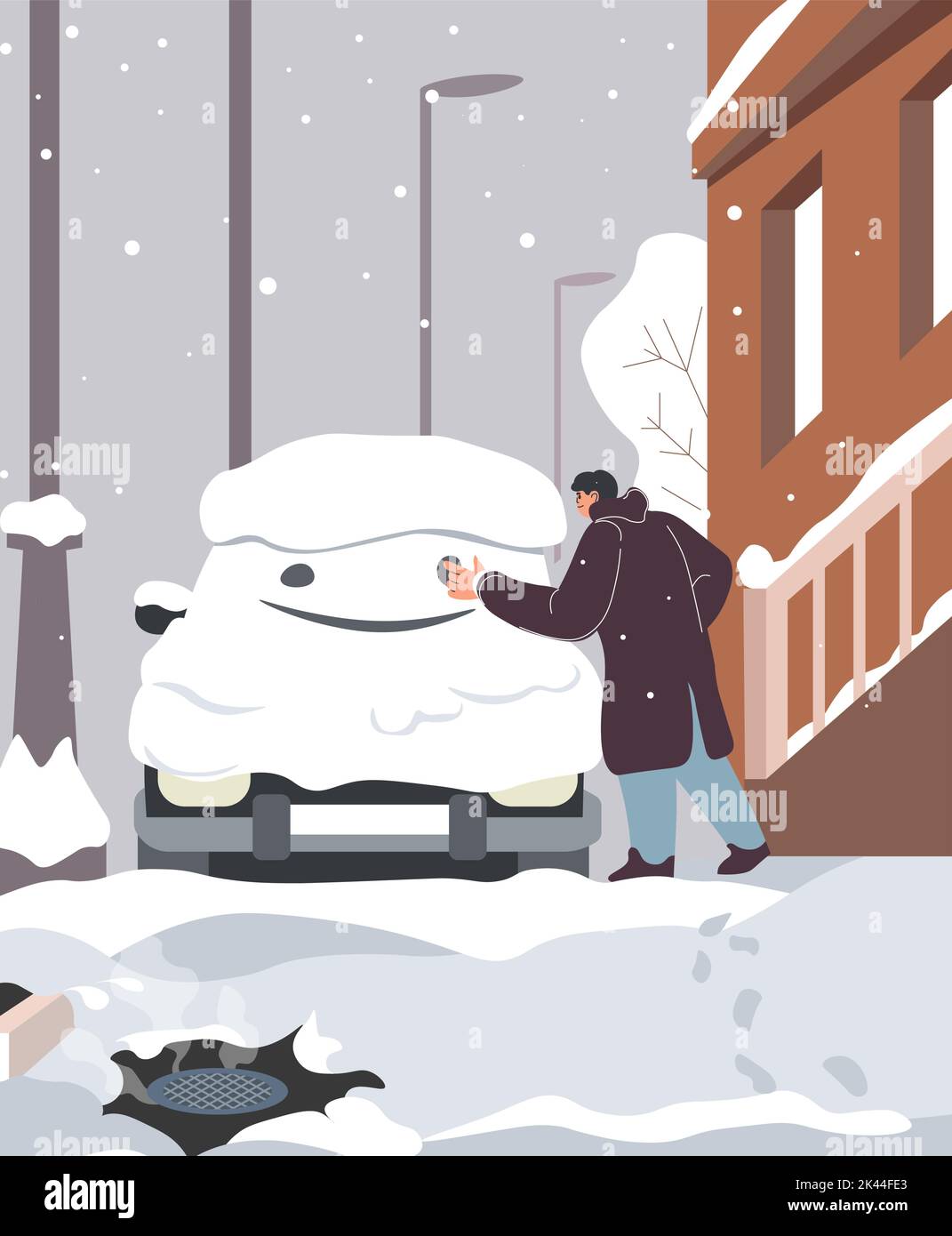 Winter season joy, man drawing on snowy car vector Stock Vector Image ...
