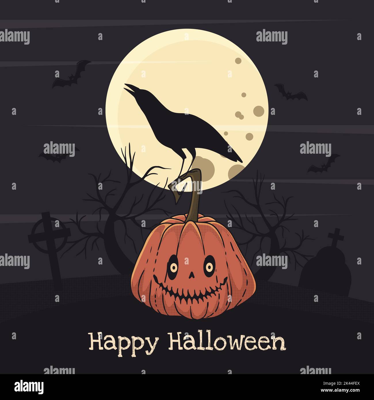 Happy Halloween inscription and a scary pumpkin with a crow in a ...