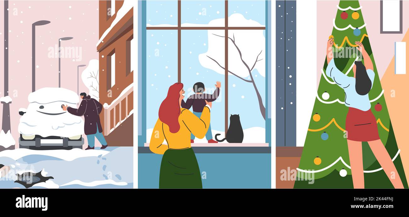 Winter season joy, decorating tree staying at home Stock Vector Image ...