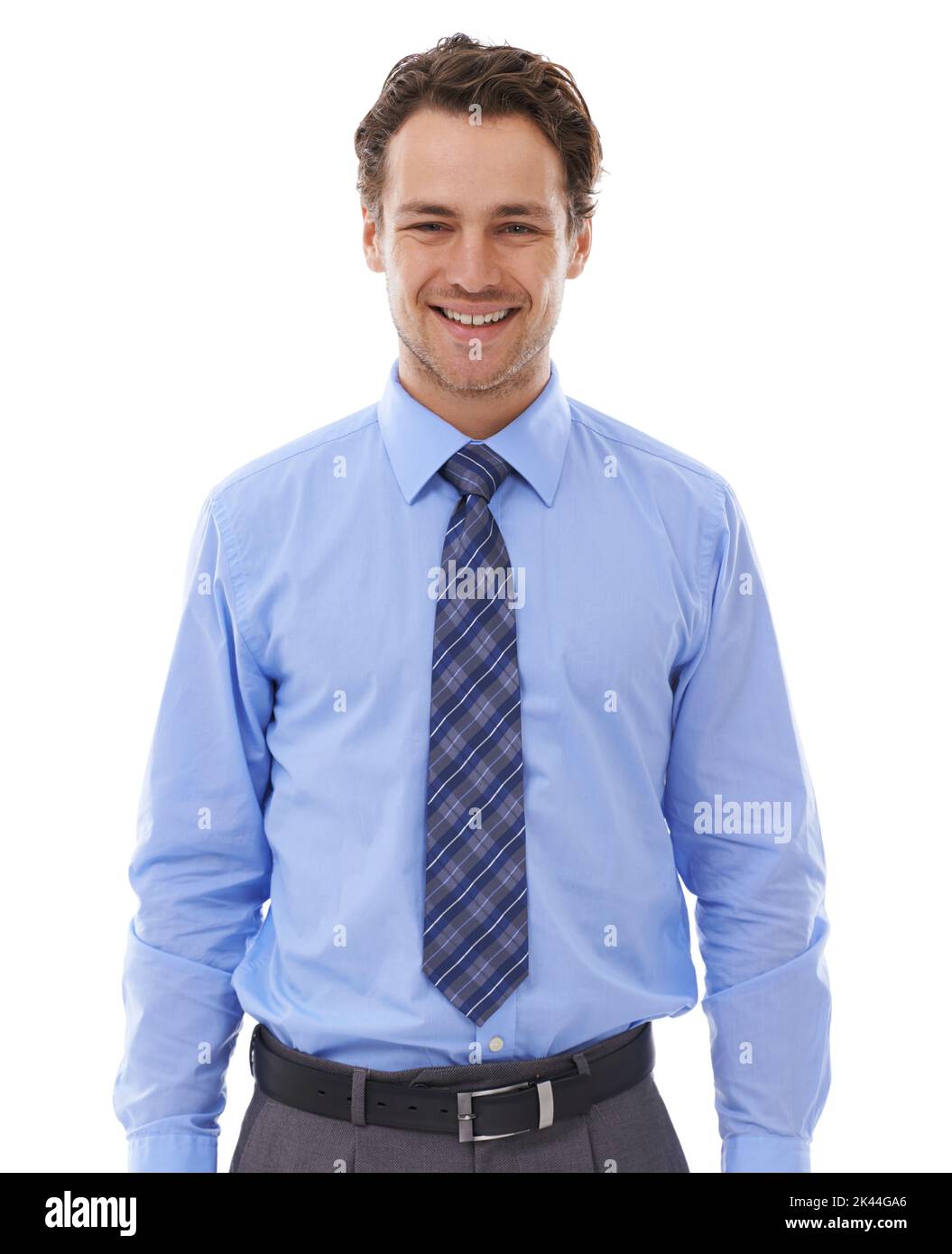 He knows the secrets to success. A smiling businessman against a white ...