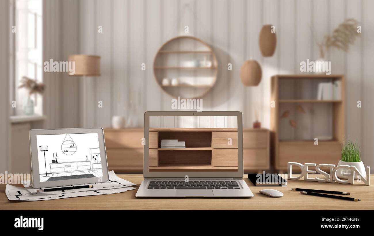 Architect designer desktop concept, laptop and tablet on wooden desk ...