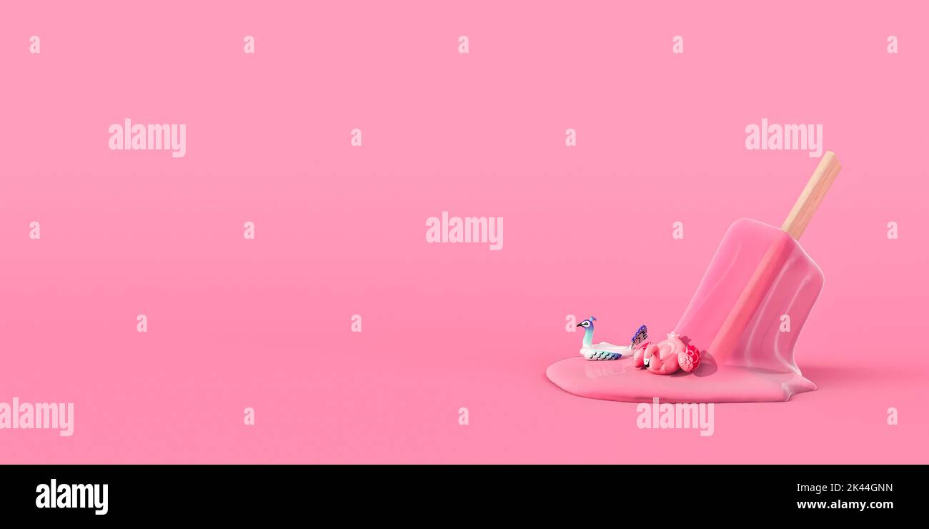 Ice cream melting puddle on pink background with giant pink flamingo ...