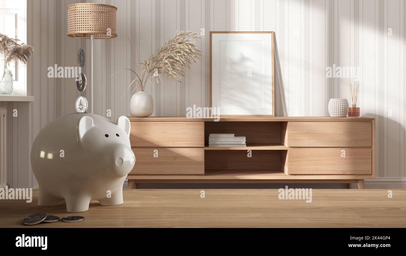 Wooden table top or shelf with white piggy bank with coins, modern ...