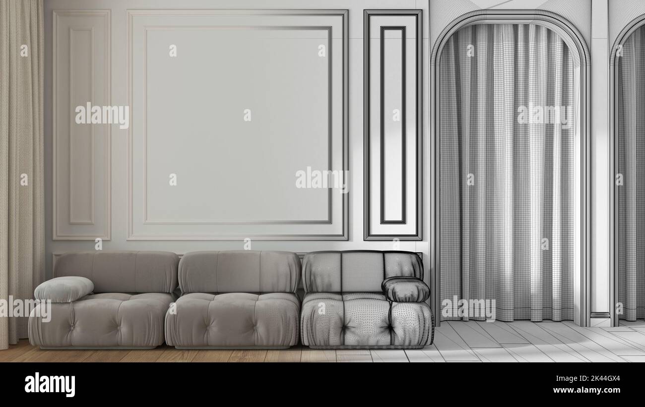 Architect interior designer concept: hand-drawn draft unfinished ...