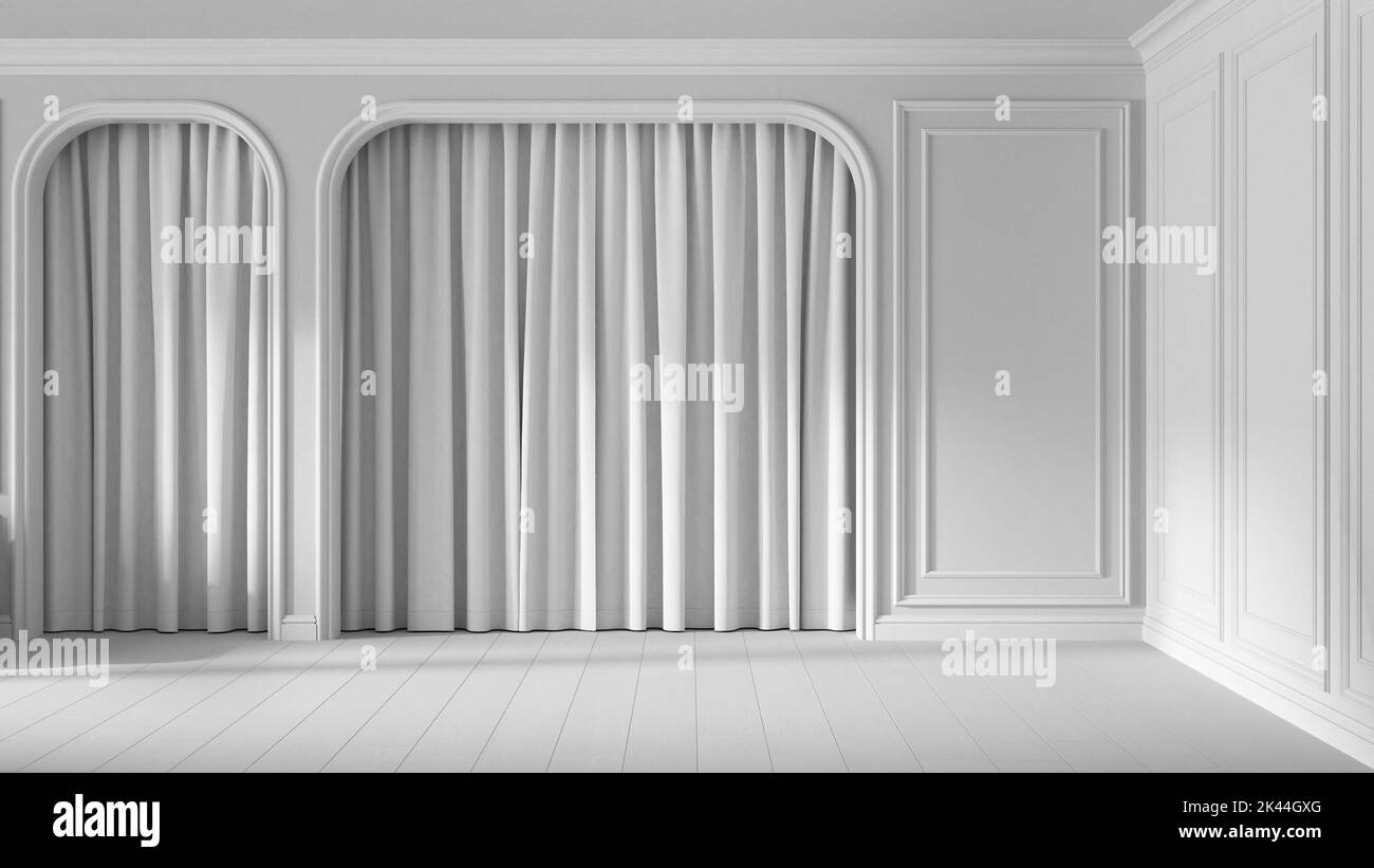 Total white project draft, empty room interior design, classic open ...