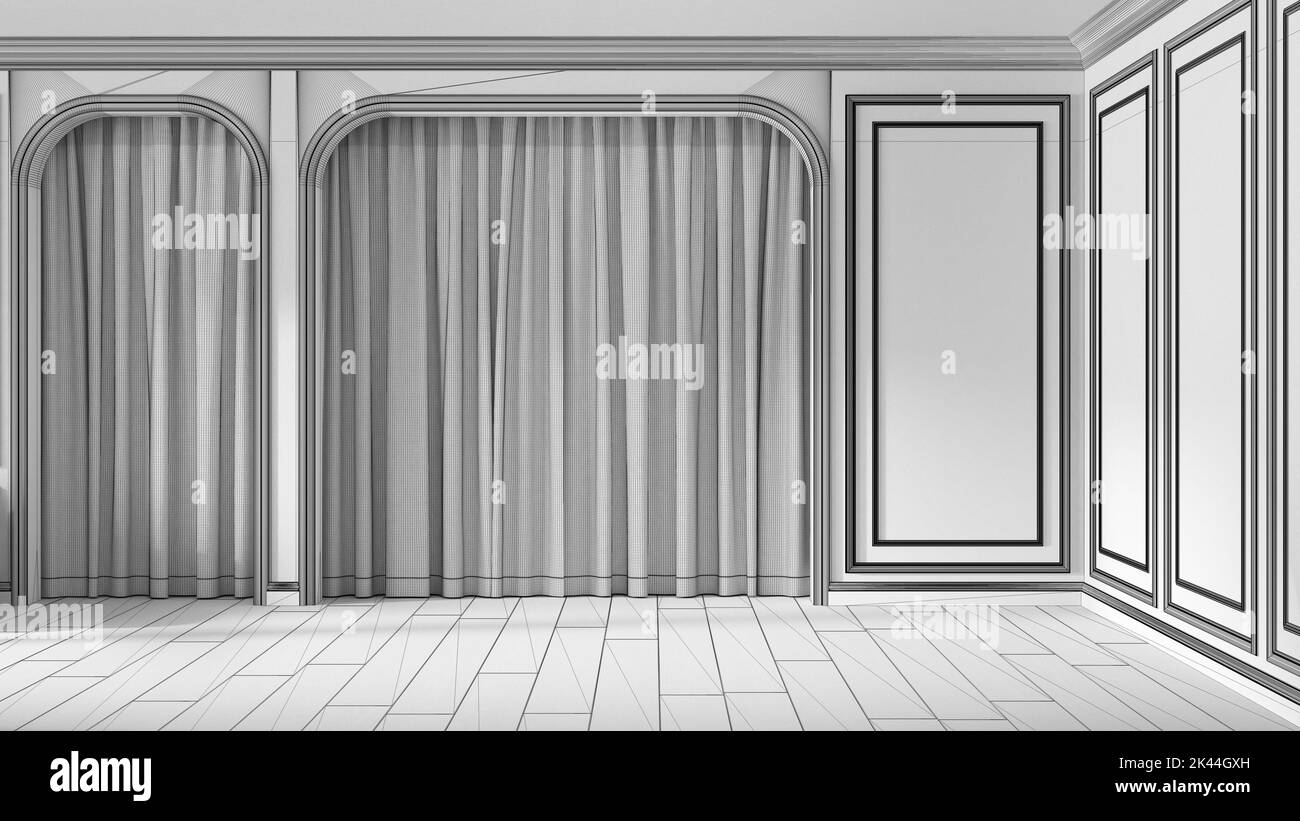 Blueprint unfinished project draft, empty room interior design, classic ...