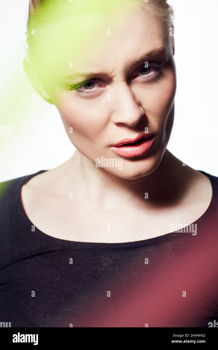 Stylish,confident and colorful. Headshot of stylish model highlighted ...
