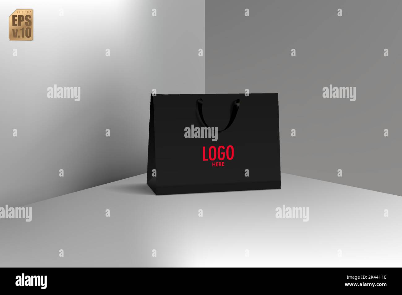 Black paper bag and black handle realistic vector design. Blank logo ...