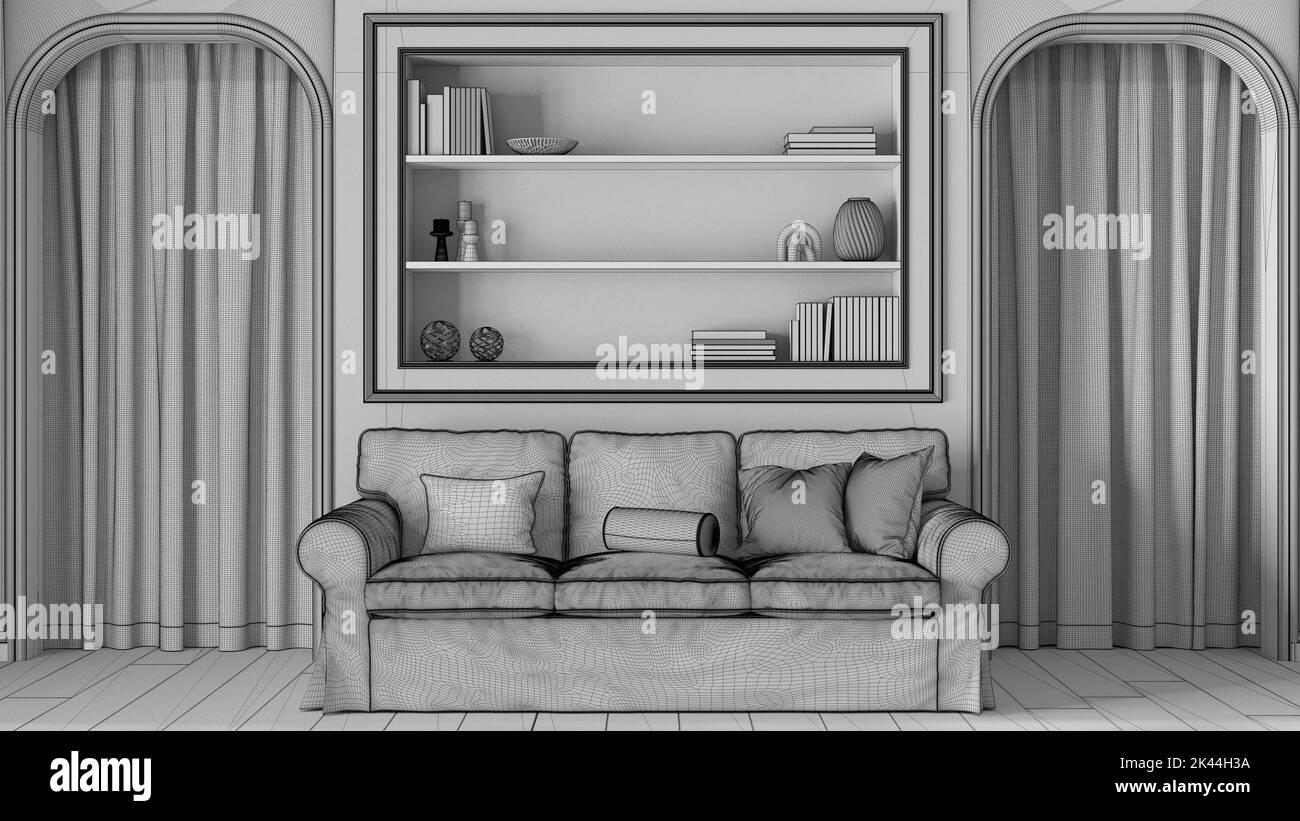 Blueprint unfinished project draft, neoclassic living room close up ...