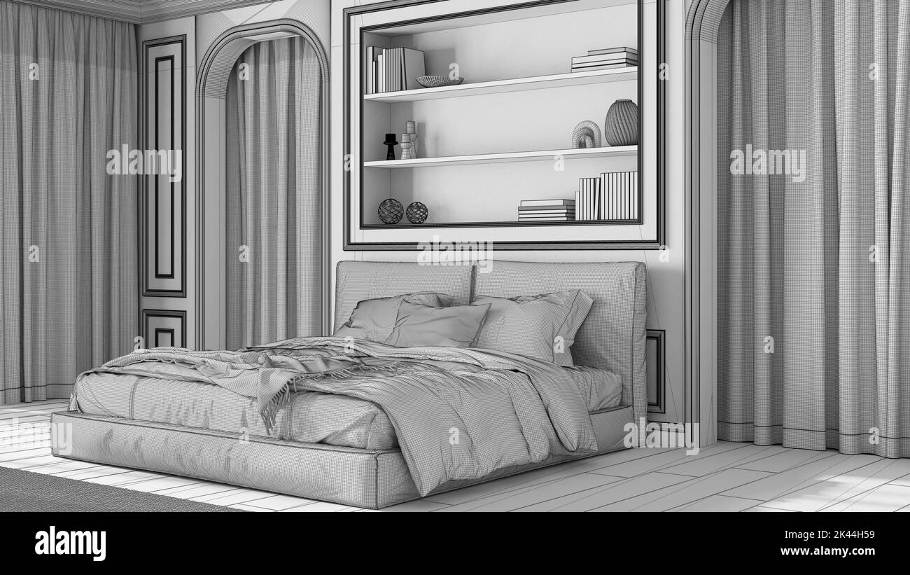 Blueprint unfinished project draft, classic bedroom. Double modern bed ...