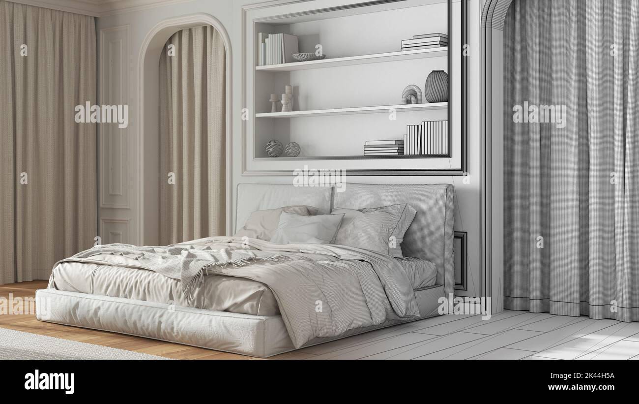 Architect interior designer concept: hand-drawn draft unfinished ...