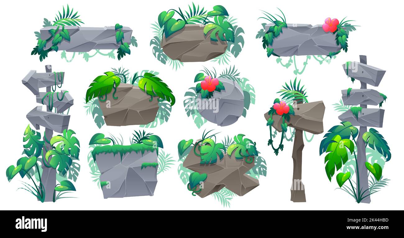 Stone signboards in jungle, pointers and panels with green leaves and ...