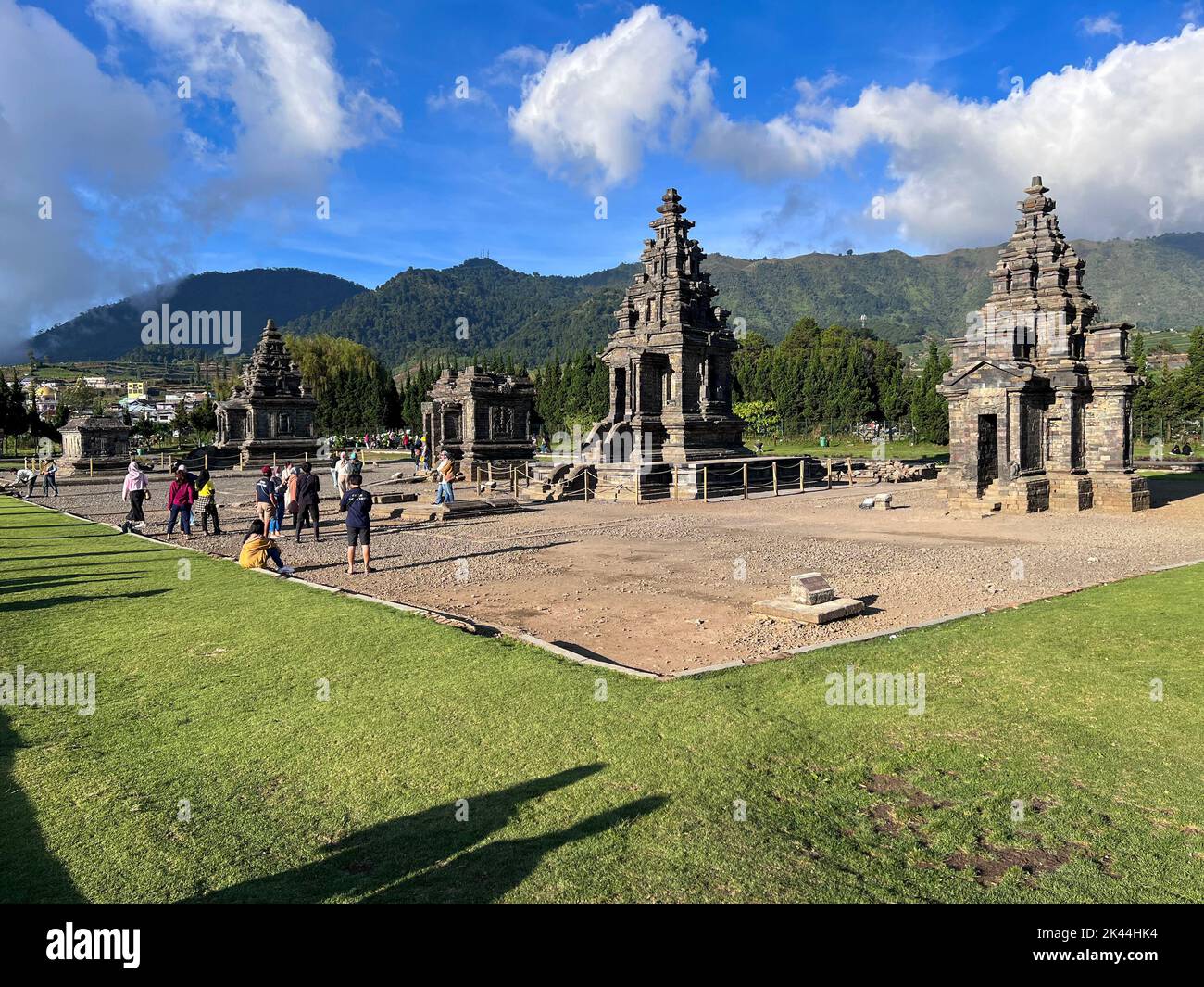 Local tourists visit Arjuna temple complex at Dieng Plateau. Wonosobo ...
