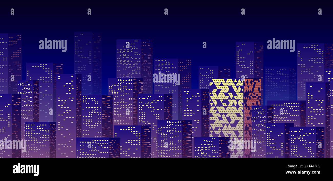 Neon night in the business city with skyscrapers. Purple highrise ...