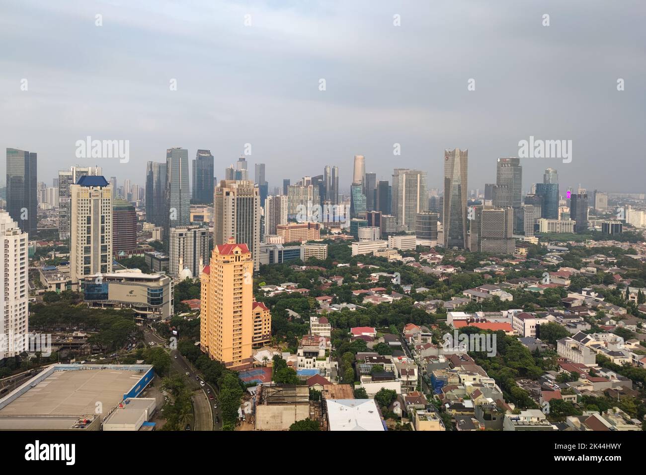 Aerial view of skyscrapers and houses at SCBD in Jakarta, Indonesia ...