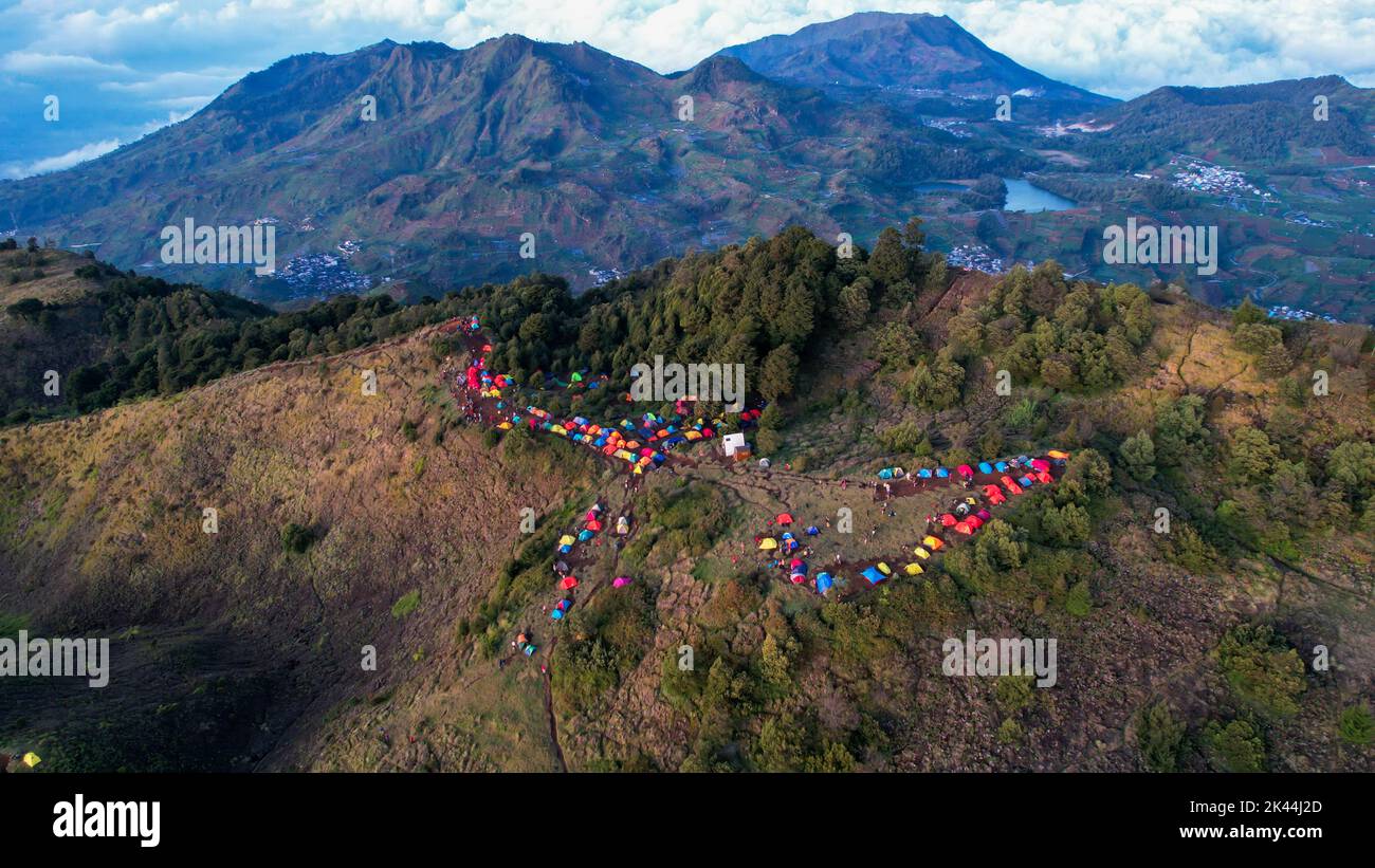 Aerial view of beauty mountain peaks Prau Dieng, Central Java and the ...