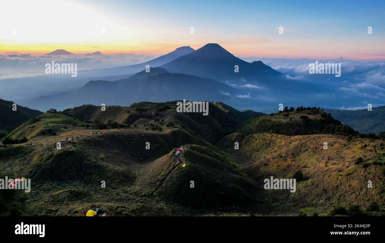 Aerial view of beauty mountain peaks Prau Dieng, Central Java and the ...