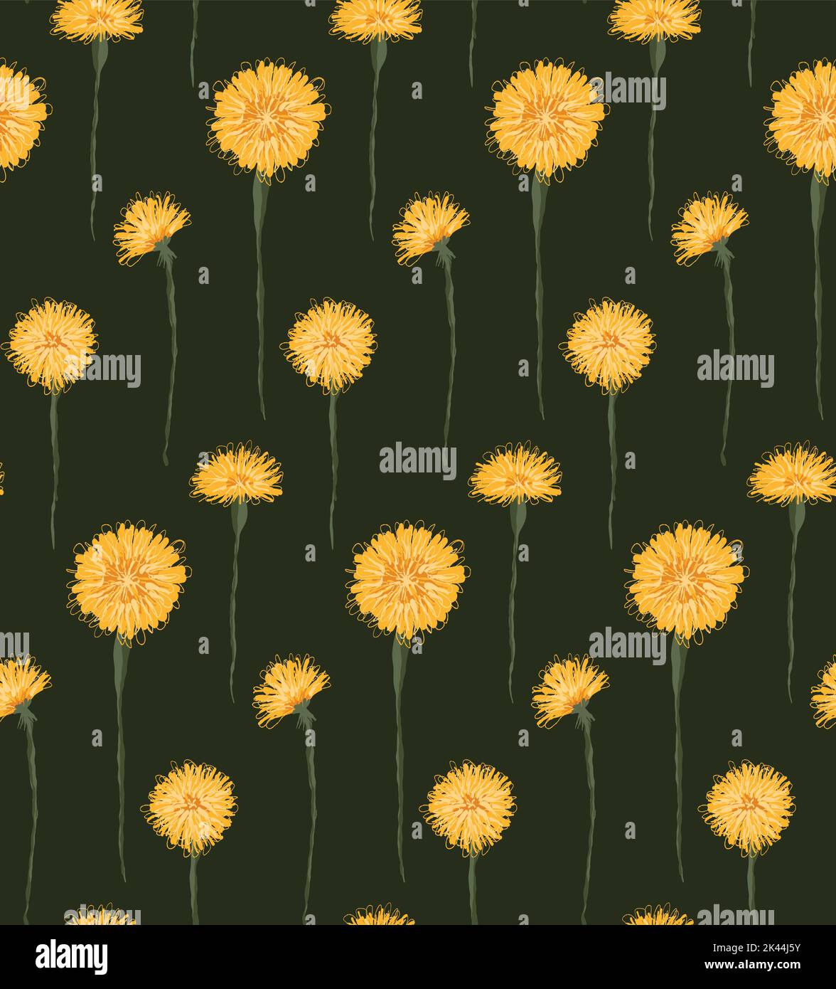 Vector pattern with sketched yellow dandelions on a dark green background. Botanical floral ...
