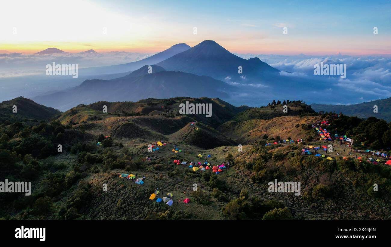 Aerial view of beauty mountain peaks Prau Dieng, Central Java and the ...
