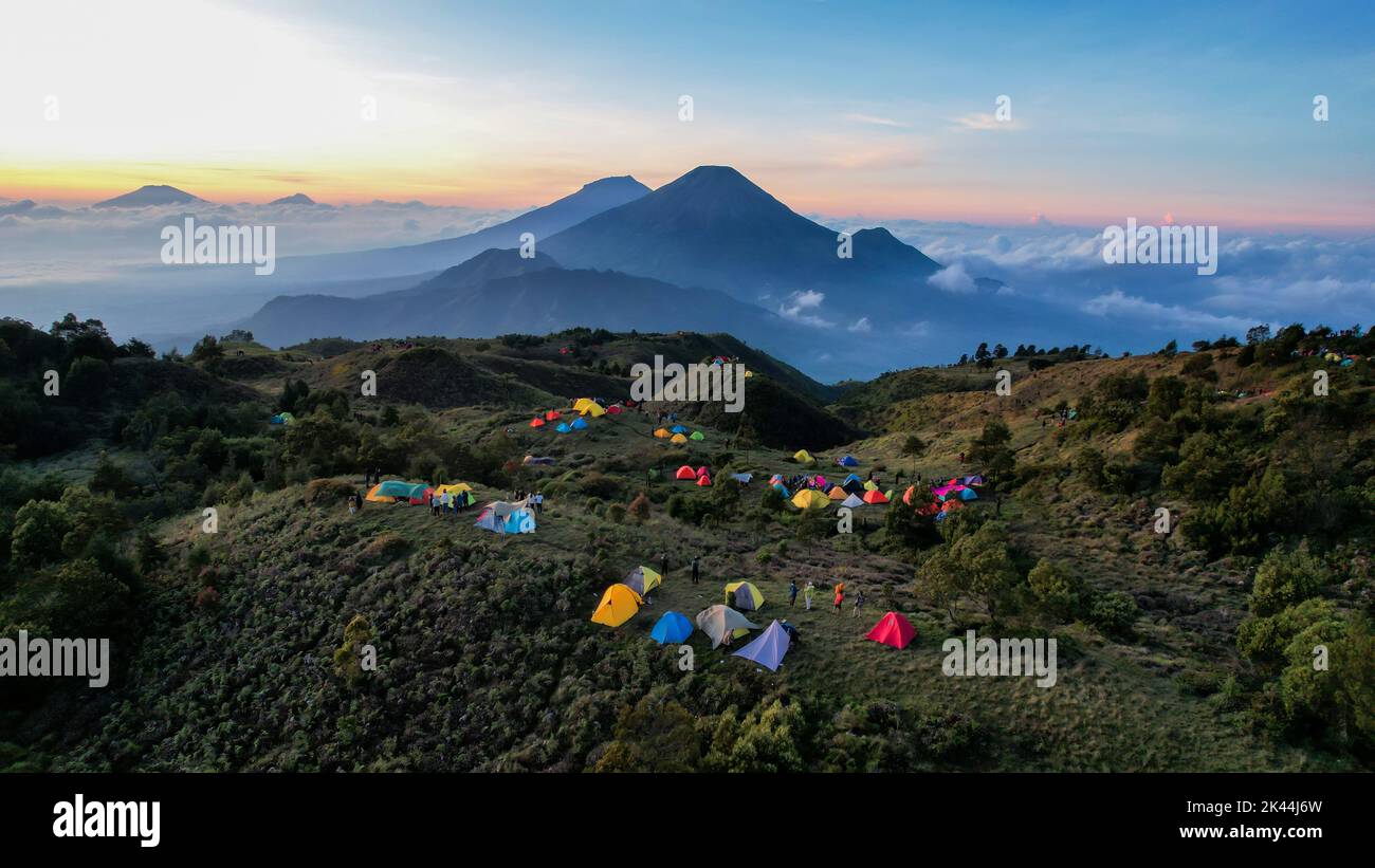 Aerial view of beauty mountain peaks Prau Dieng, Central Java and the ...