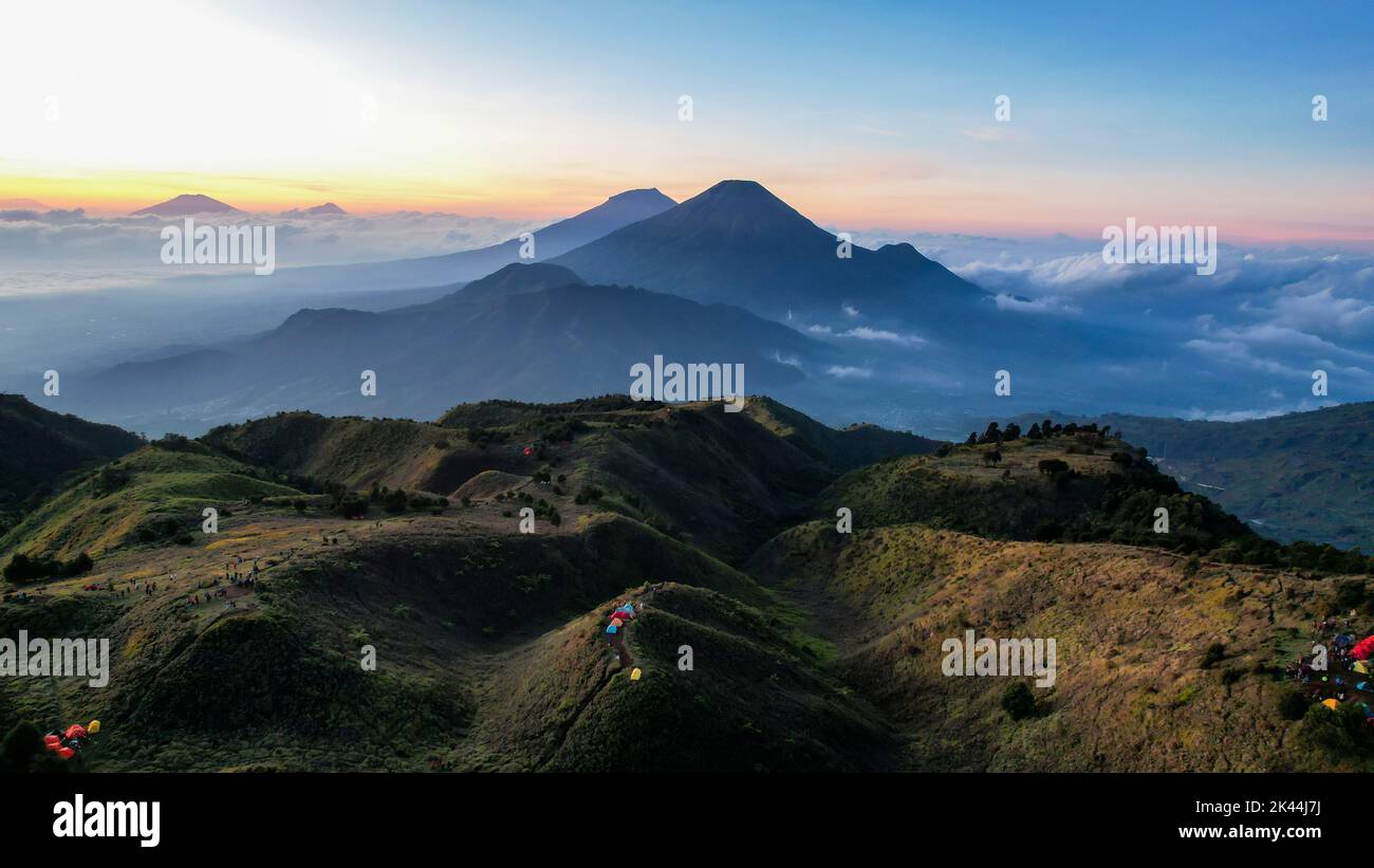 Aerial view of beauty mountain peaks Prau Dieng, Central Java and the ...