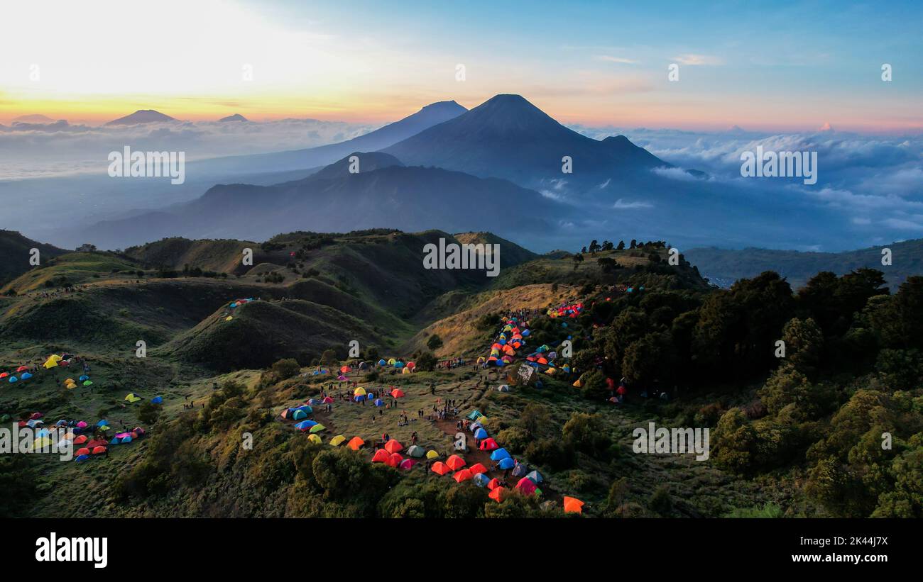 Aerial view of beauty mountain peaks Prau Dieng, Central Java and the ...