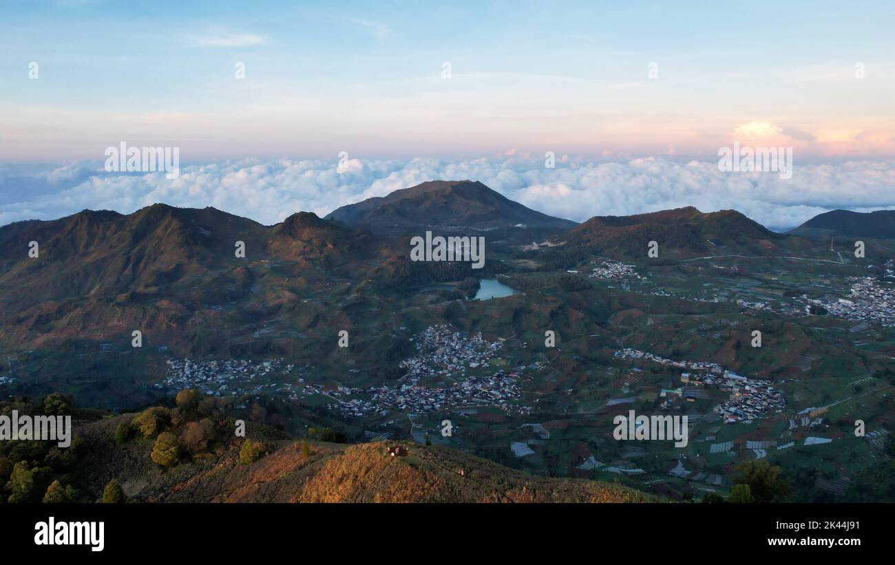 Aerial view of beauty mountain peaks Prau Dieng, Central Java and the ...