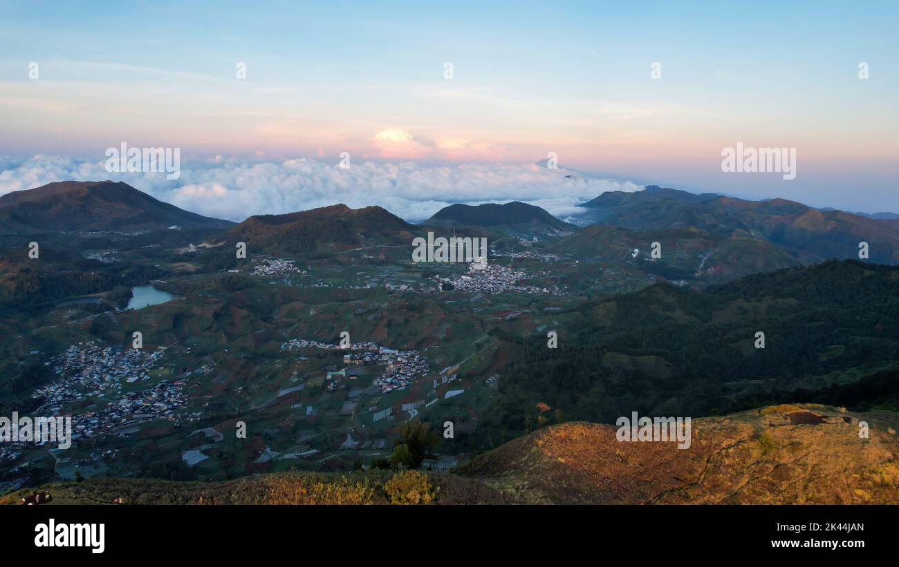 Aerial view of beauty mountain peaks Prau Dieng, Central Java and the ...