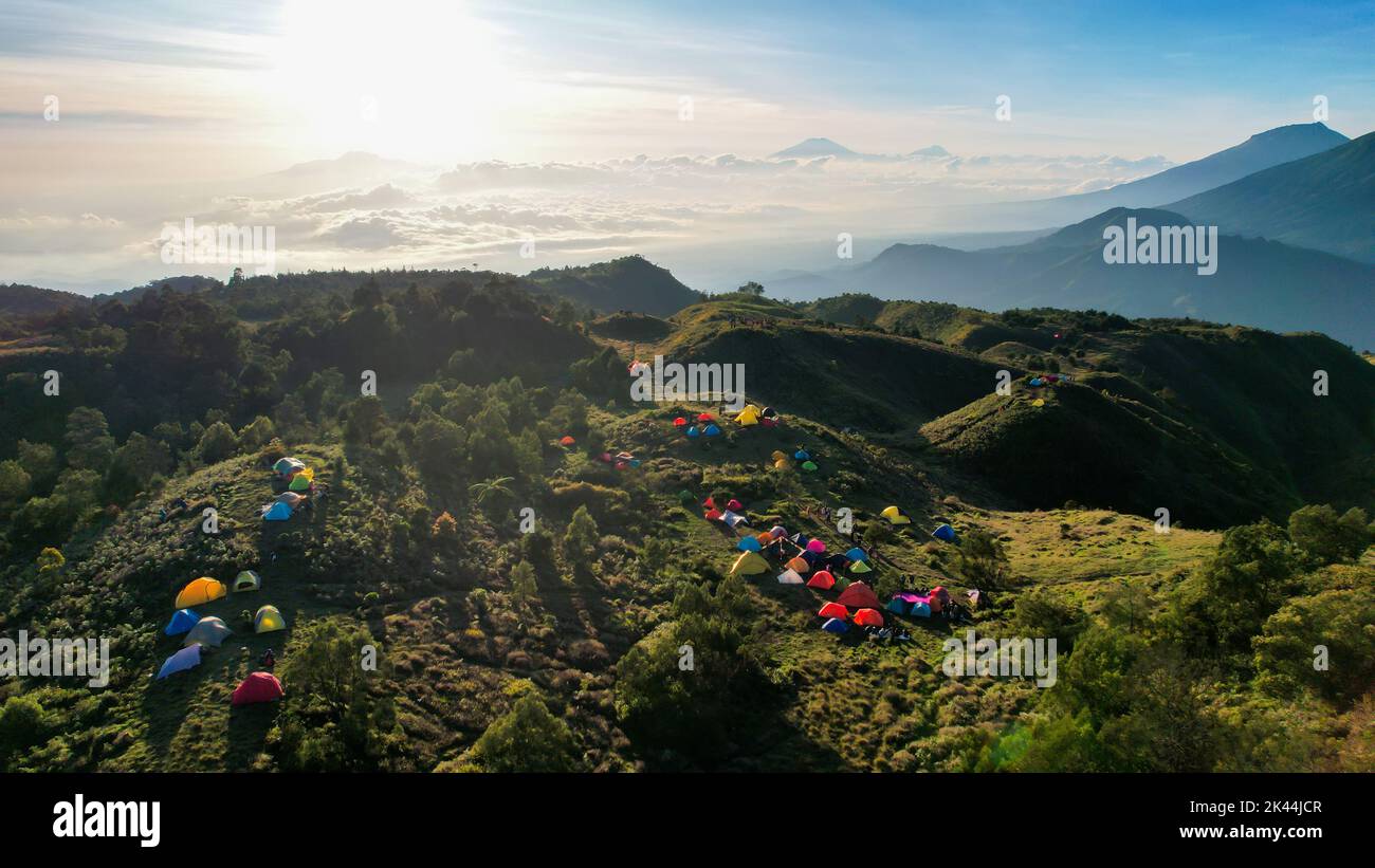 Aerial view of beauty mountain peaks Prau Dieng, Central Java and the ...