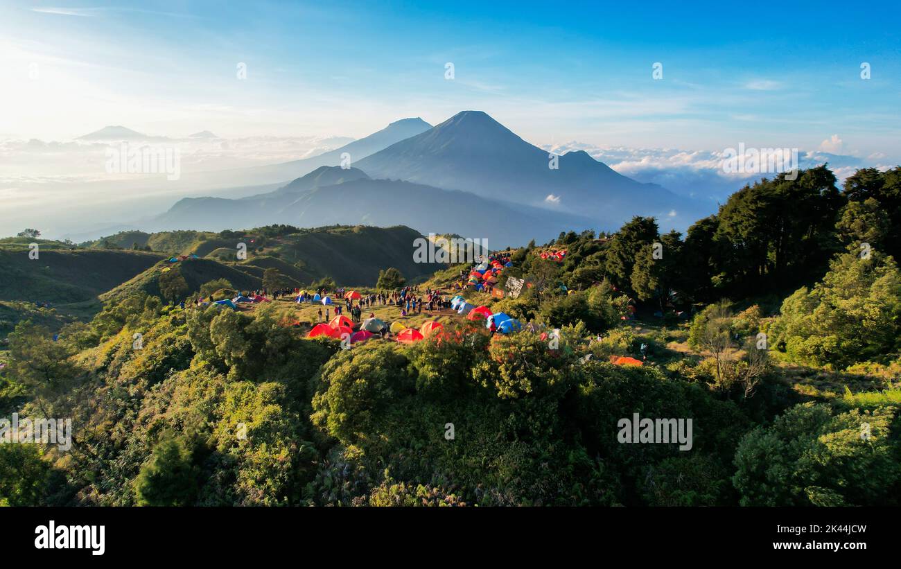 Aerial view of beauty mountain peaks Prau Dieng, Central Java and the ...