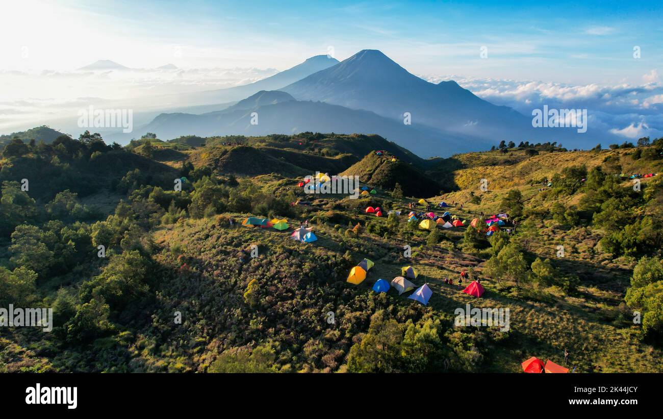 Aerial view of beauty mountain peaks Prau Dieng, Central Java and the ...