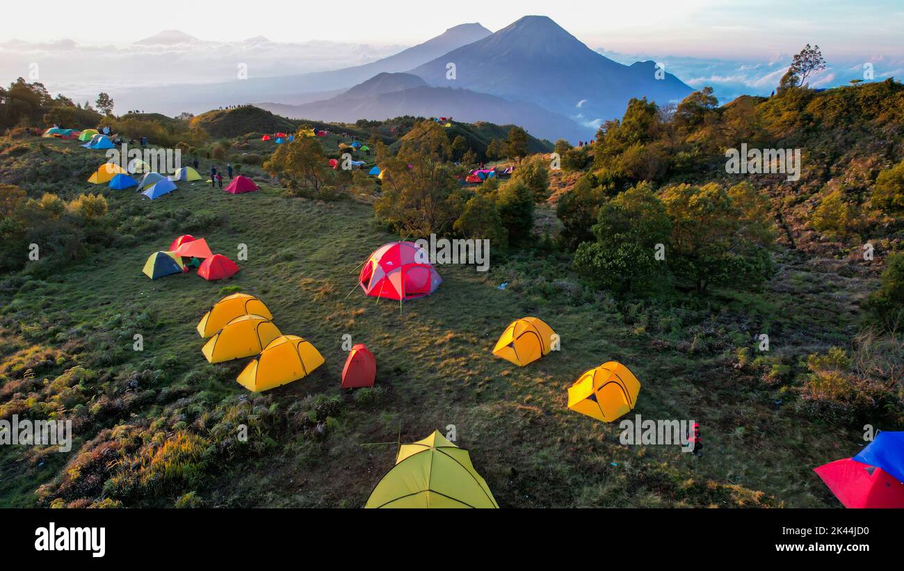 Aerial view of beauty mountain peaks Prau Dieng, Central Java and the ...