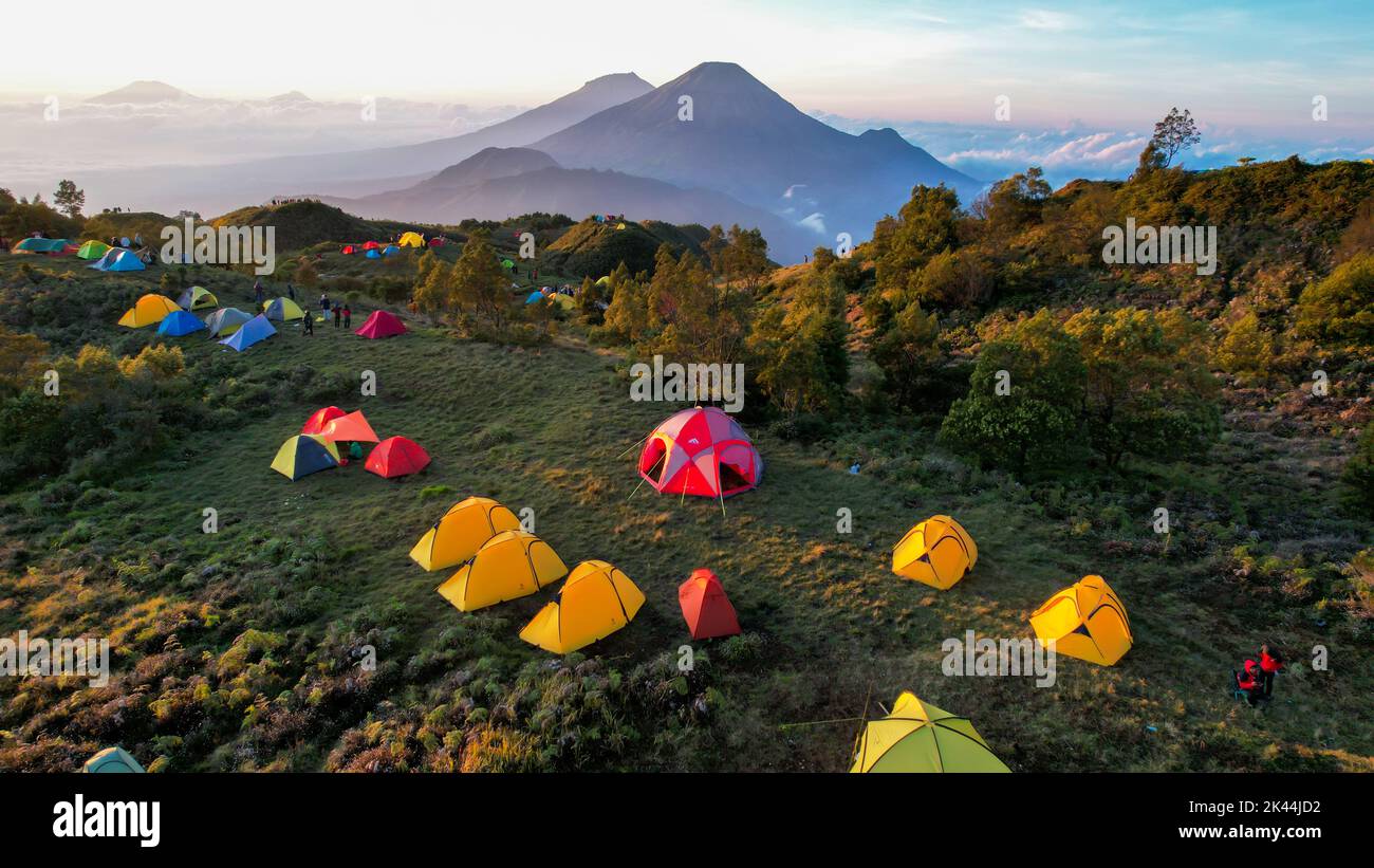 Aerial view of beauty mountain peaks Prau Dieng, Central Java and the ...