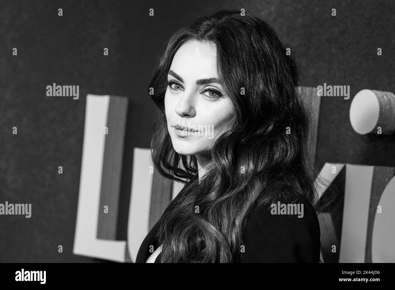 New York, NY - September 29, 2022: Mila Kunis wearing dress by Carolina Herrera attends Luckiest ...